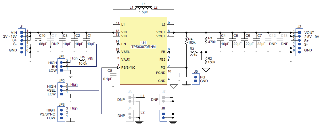 TPS63070EVM-693: 5V @ 2A, 2 ~ 16V in, Buck/Boost